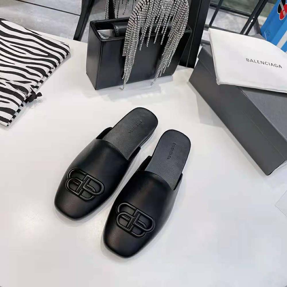 Balenciaga Women Cosy BB Slide in Black Smooth Calfskin Matte BB ...