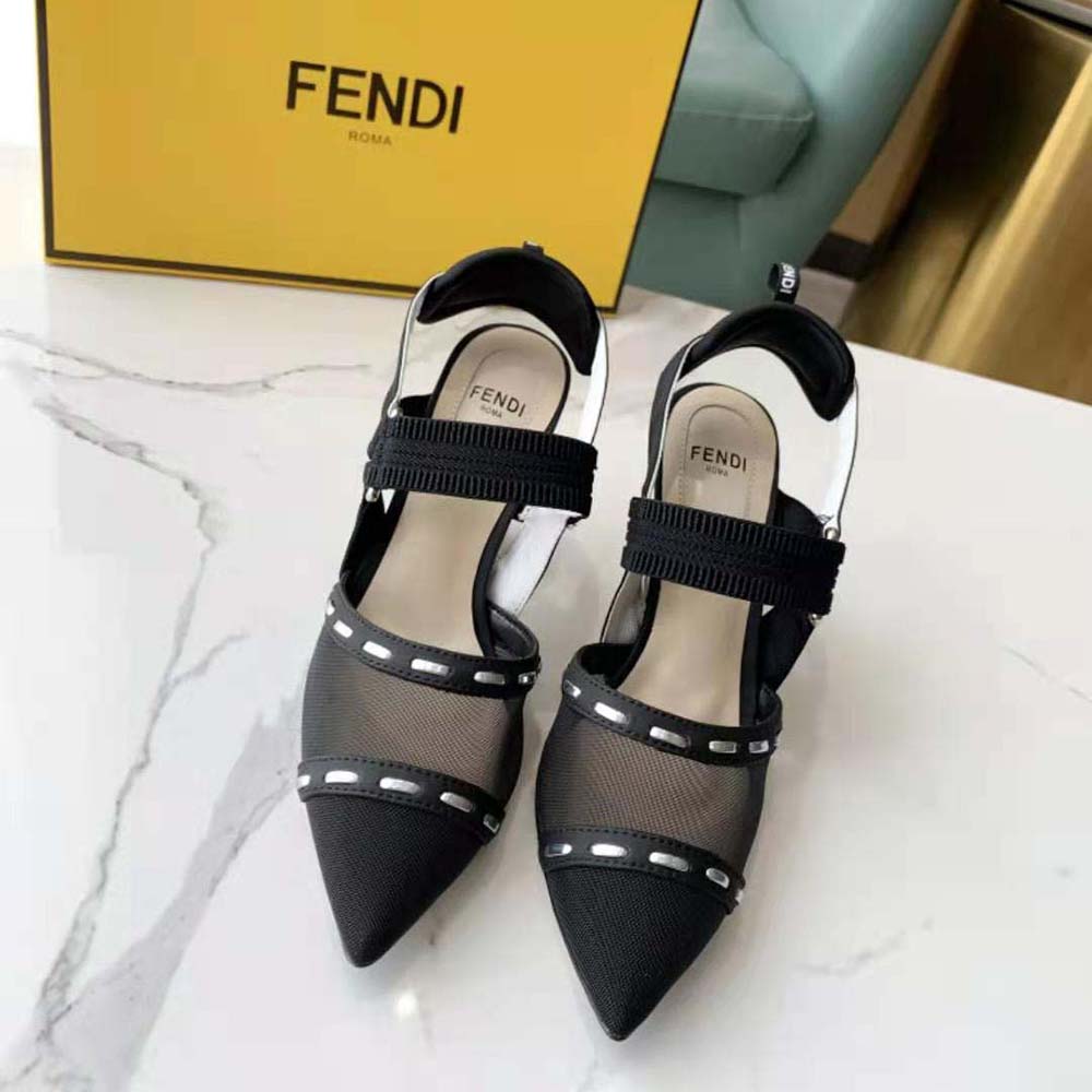 Fendi Women Colibri Black Mesh High-Heel Slingbacks with Metal Stitches ...
